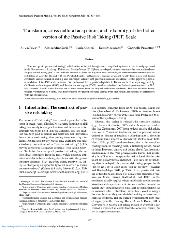 (PDF) Translation, cross-cultural adaptation, and reliability, of the Italian version of the ...