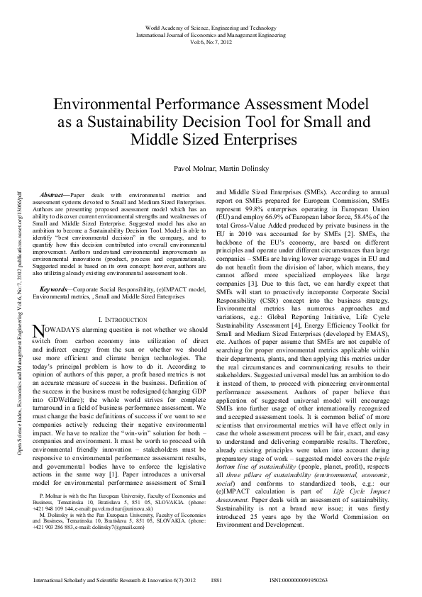 (PDF) Environmental Performance Assessment Model As A Sustainability ...