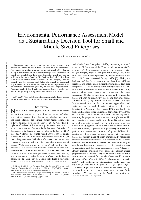 (PDF) Environmental Performance Assessment Model as a Sustainability ...