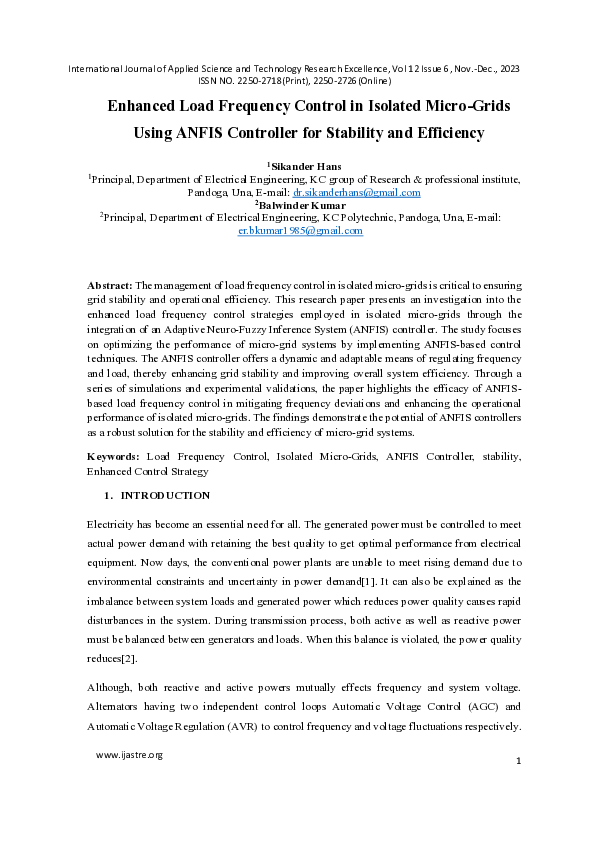 (PDF) Enhanced Load Frequency Control in Isolated Micro-Grids Using ANFIS Controller for ...
