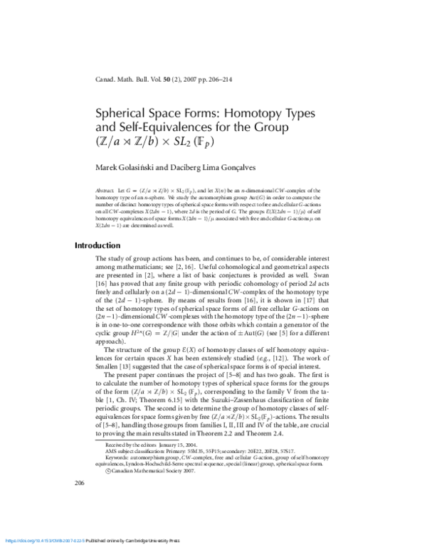 (PDF) Spherical Space Forms: Homotopy Types and Self-Equivalences for ...