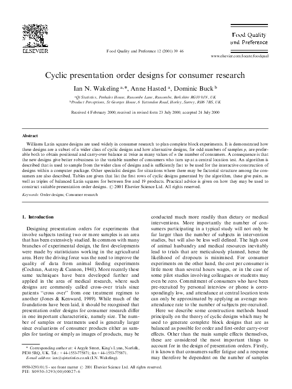 (PDF) Cyclic presentation order designs for consumer research