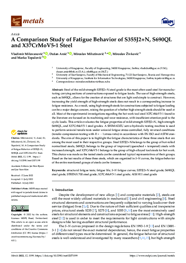 (PDF) A Comparison Study of Fatigue Behavior of S355J2+N, S690QL and ...