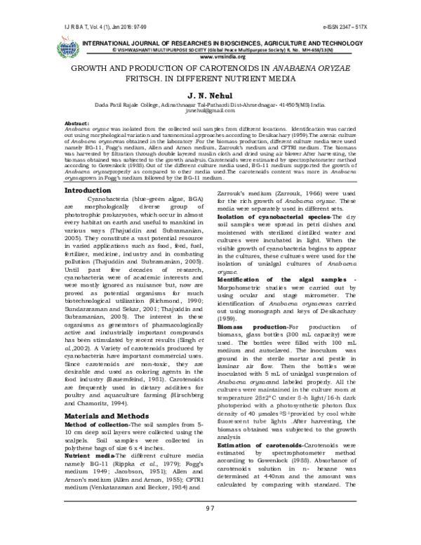 (PDF) Growth and Production of Carotenoids in Anabaena Oryzae FRITSCH ...