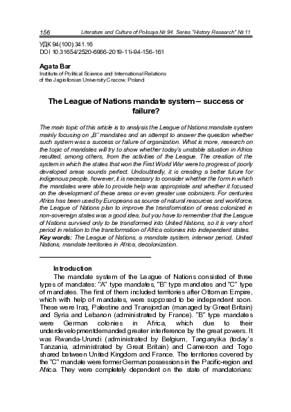 (PDF) The League of Nations mandate system – success or failure?