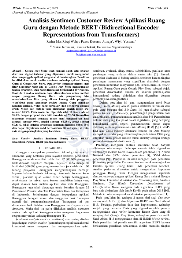 (PDF) Analisis Sentimen Customer Review Aplikasi Ruang Guru Dengan Metode BERT (Bidirectional ...