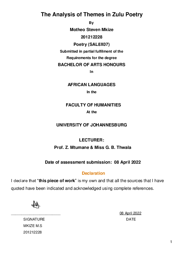 (PDF) The Analysis of Themes in Zulu Poetry