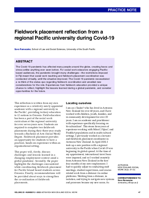 (PDF) Fieldwork placement reflection from a regional Pacific university ...