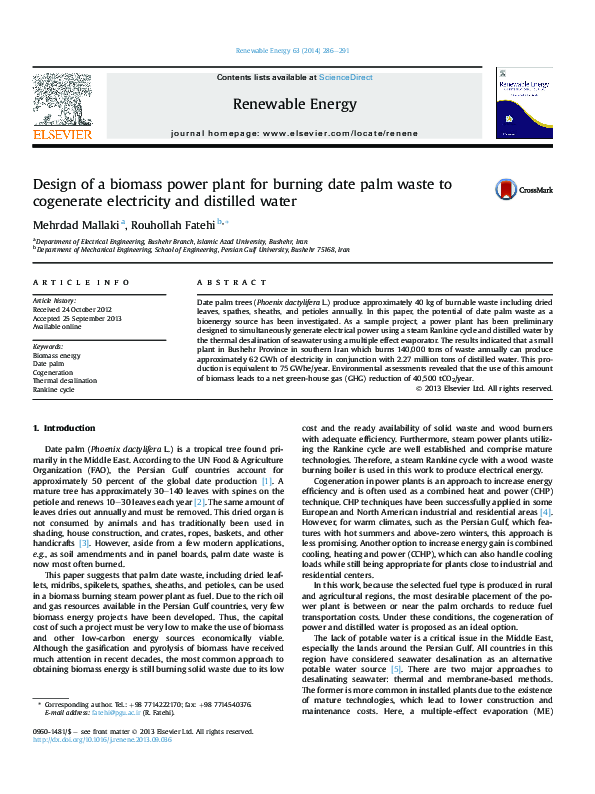 (PDF) Design of a biomass power plant for burning date palm waste to ...
