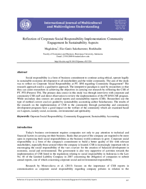 (PDF) Reflection of Corporate Social Responsibility Implementation: Community Engagement In ...