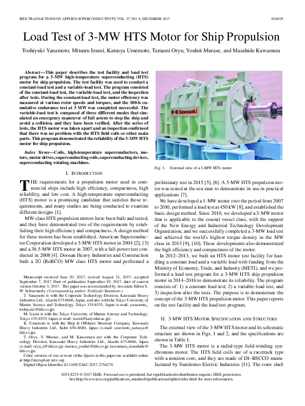(PDF) Load Test of 3-MW HTS Motor for Ship Propulsion