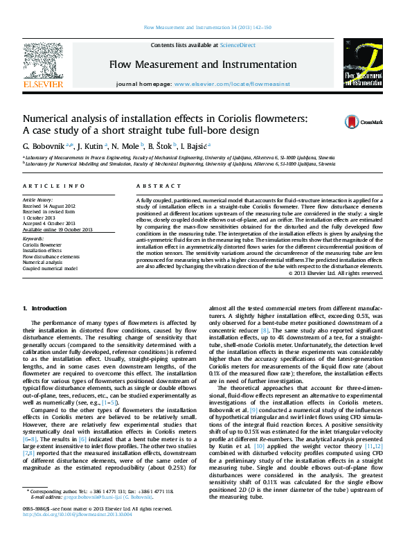 (PDF) Numerical analysis of installation effects in Coriolis flowmeters: A case study of a short ...
