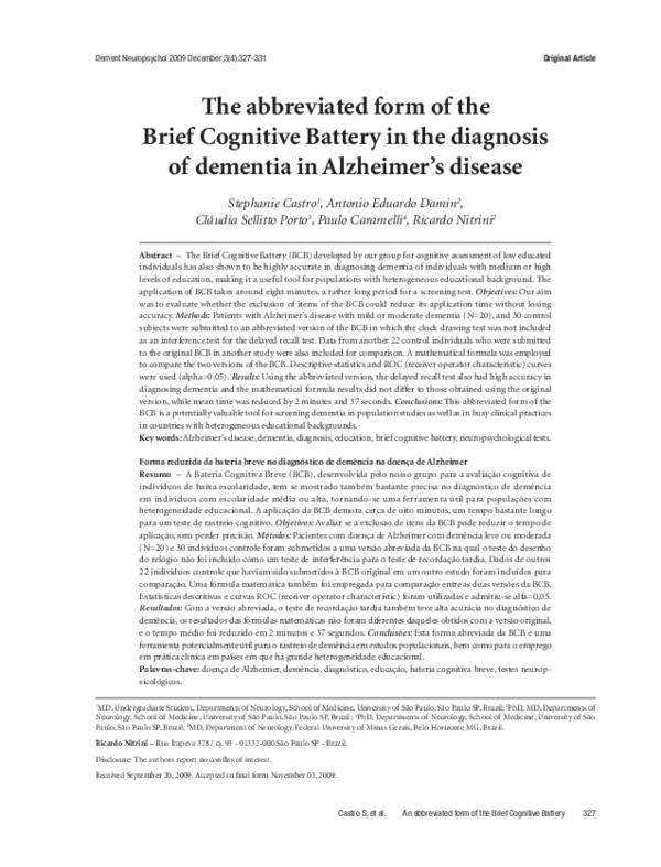 (PDF) The abbreviated form of the Brief Cognitive Battery in the ...
