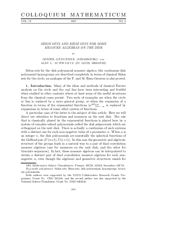 (PDF) Sidon sets and Riesz sets for some measure algebras on the disk