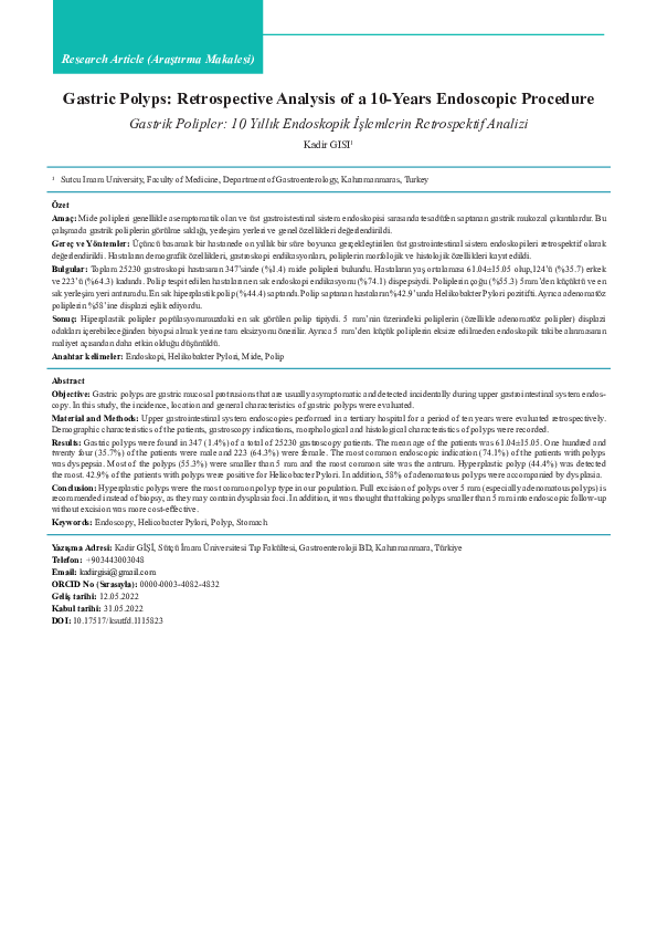 (PDF) Gastric Polyps: Retrospective Analysis of a 10-Years Endoscopic ...