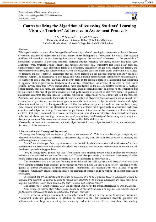 (PDF) Contextualizing the Algorithm of Assessing Students’ Learning Vis ...