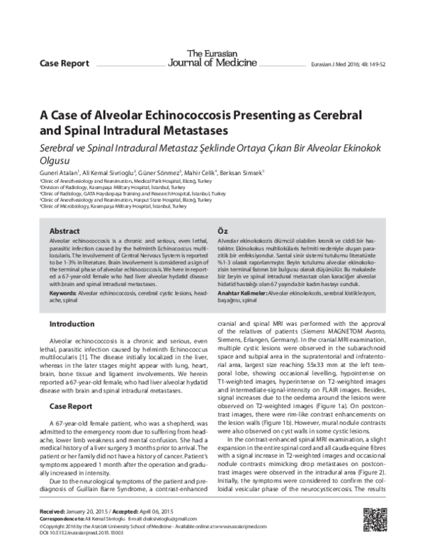 (PDF) A Case of Alveolar Echinococcosis Presenting as Cerebral and Spinal Intradural Metastases