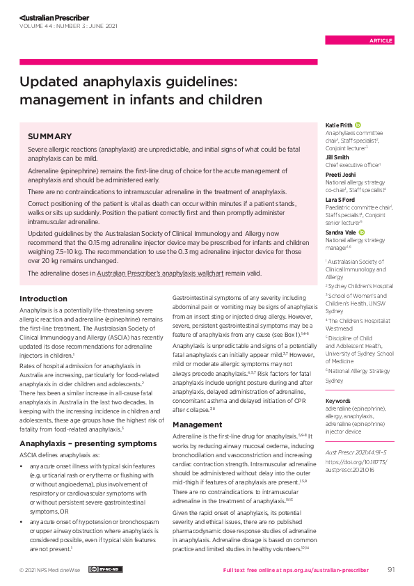 (PDF) Updated anaphylaxis guidelines: management in infants and children