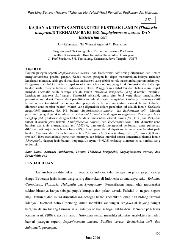 (PDF) KAJIAN AKTIVITAS ANTIBAKTERI EKSTRAK LAMUN (Thalassia hemprichii) TERHADAP BAKTERI ...