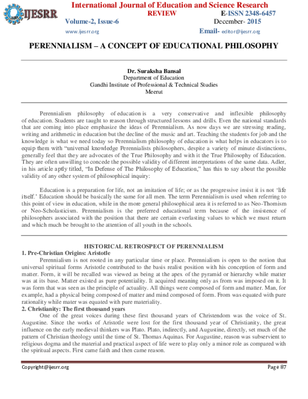 (PDF) Perennialism-A Concept of Educational Philosophy