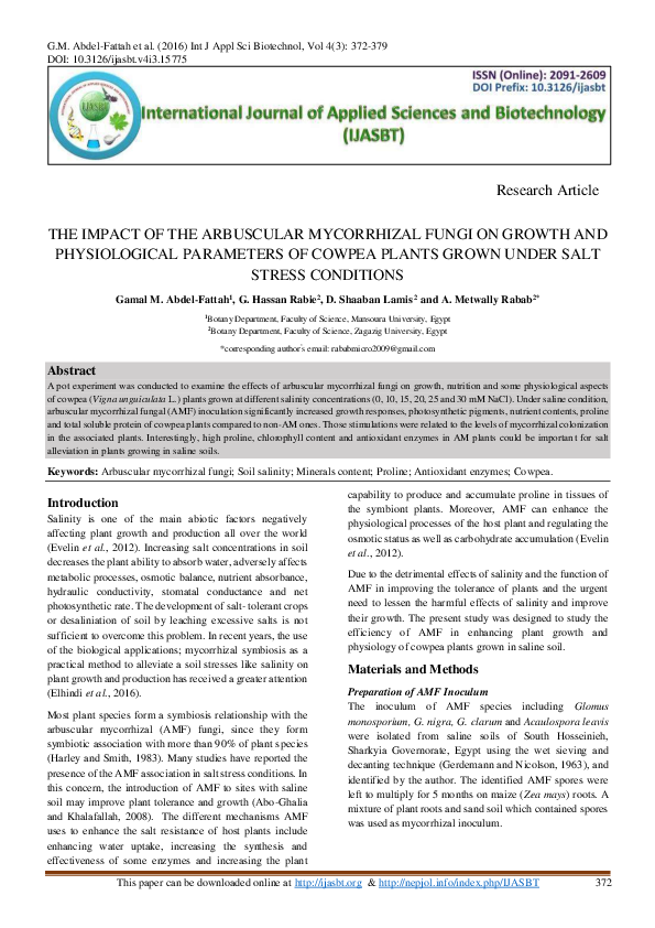 (PDF) The Impact of the Arbuscular Mycorrhizal Fungi on Growth and Physiological Parameters of ...