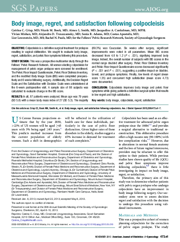 (PDF) Body Image, Regret, and Satisfaction Following Colpocleisis ...