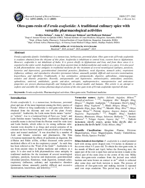 (PDF) Oleo-gum-resin of Ferula asafoetida: A traditional culinary spice ...