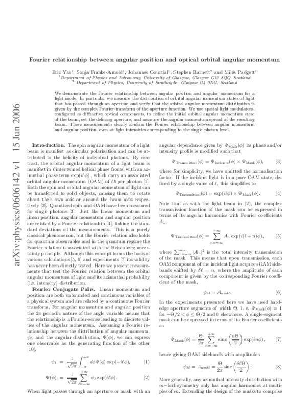 Pdf Fourier Relationship Between Angular Position And Optical Orbital