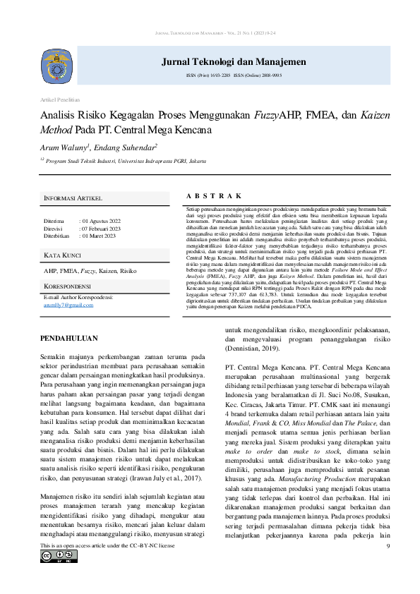 (PDF) Analisis Risiko Kegagalan Proses Menggunakan FuzzyAHP, FMEA dan ...