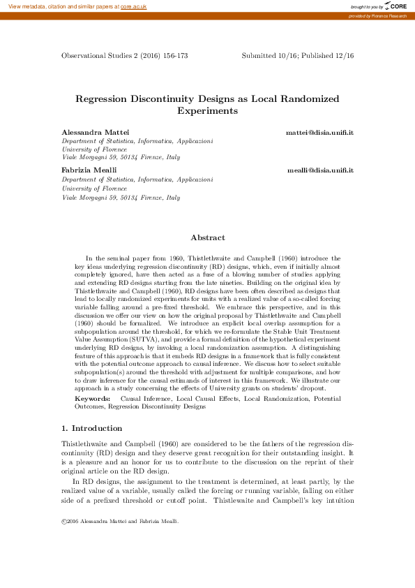 (PDF) Regression Discontinuity Designs as Local Randomized Experiments