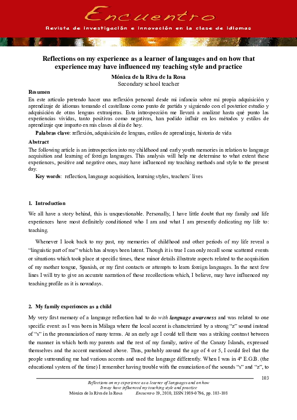 (PDF) Reflections on My Experience as a Learner of Languages and on How ...