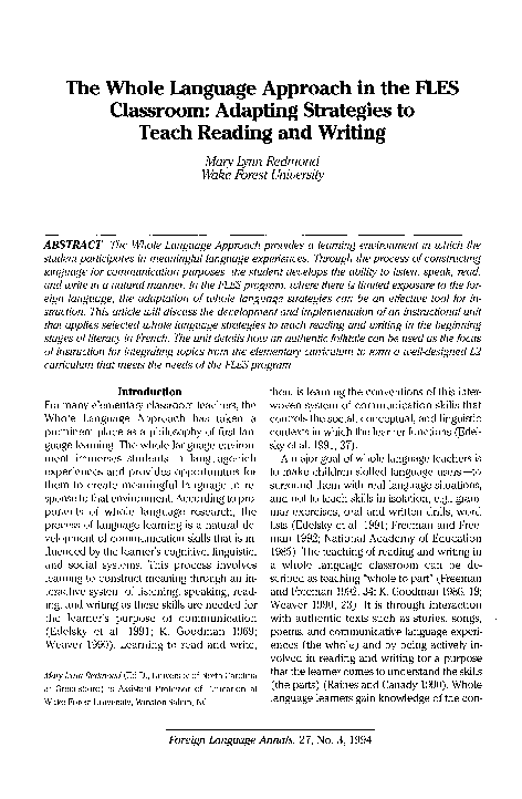 (PDF) The Whole Language Approach in the FLES Classroom: Adapting ...