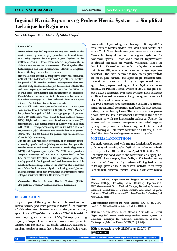 (PDF) Inguinal Hernia Repair using Prolene Hernia System – a Simplified Technique for Beginners