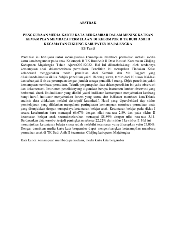 (PDF) PENGGUNAAN MEDIA KARTU KATA BERGAMBAR DALAM MENINGKATKAN KEMAMPUAN MEMBACA PERMULAAN DI ...