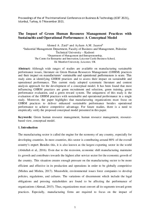 (PDF) The Impact of Green Human Resource Management Practices with Sustainable and Operational ...