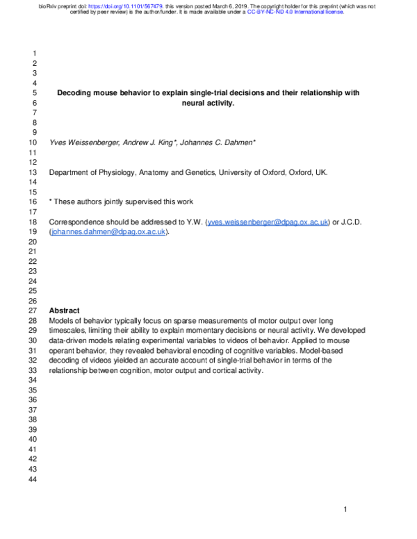 (PDF) Decoding mouse behavior to explain single-trial decisions and their relationship with ...