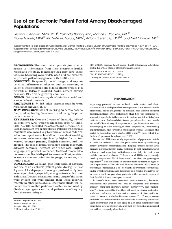 (PDF) Use of an Electronic Patient Portal Among Disadvantaged ...