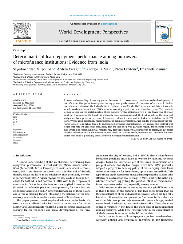 (PDF) Determinants of loan repayment performance among borrowers of microfinance institutions ...