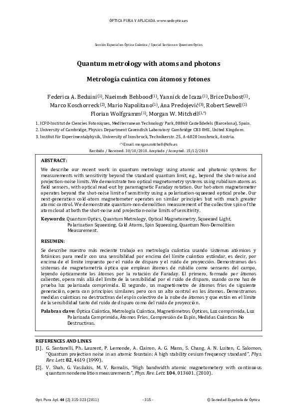 (PDF) Quantum metrology with atoms and photons