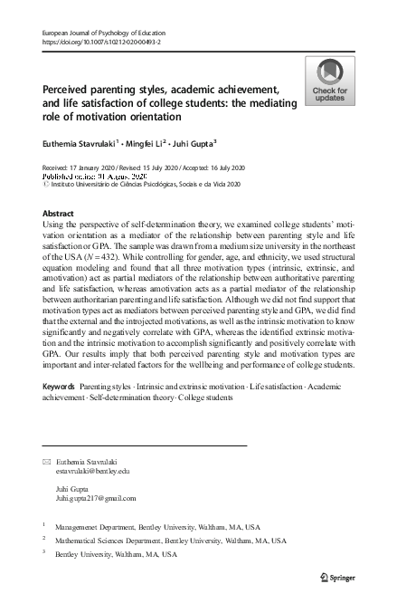 (PDF) Perceived parenting styles, academic achievement, and life satisfaction of college ...