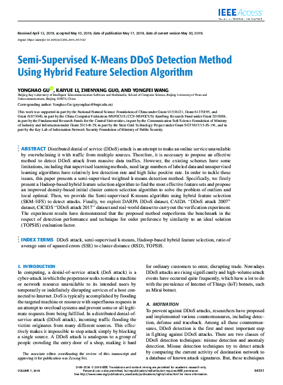 Pdf Semi Supervised K Means Ddos Detection Method Using Hybrid Feature Selection Algorithm