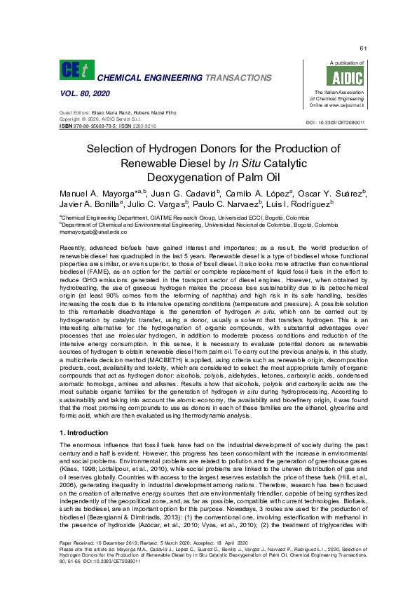 (PDF) Selection of Hydrogen Donors for the Production of Renewable ...
