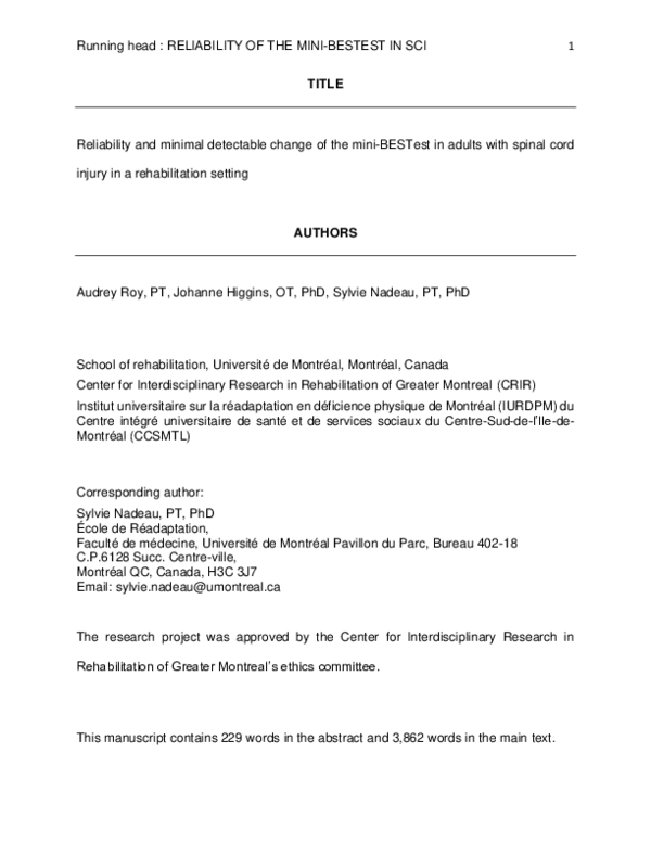 (PDF) Reliability and minimal detectable change of the mini-BESTest in ...