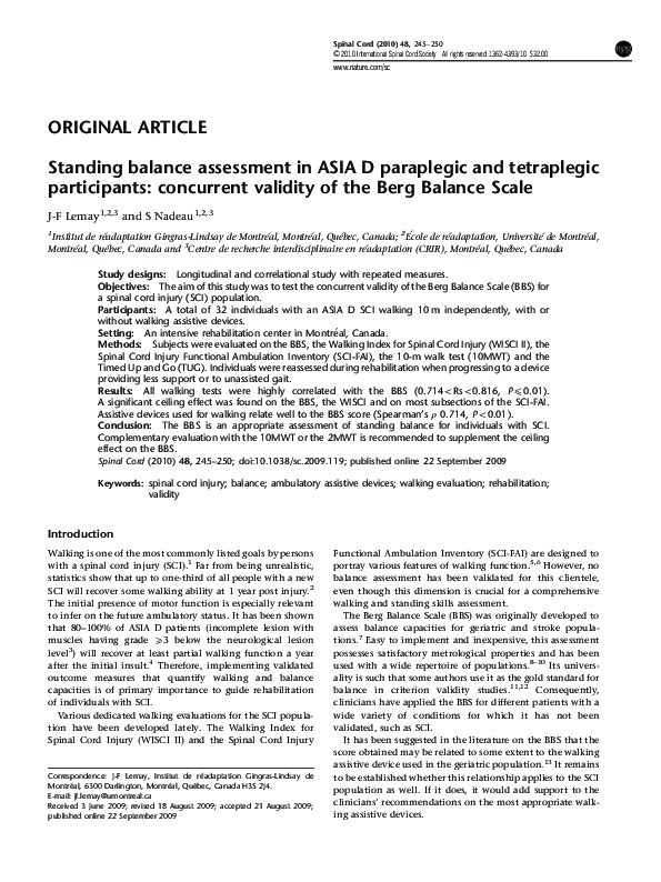 (PDF) Standing balance assessment in ASIA D paraplegic and tetraplegic ...