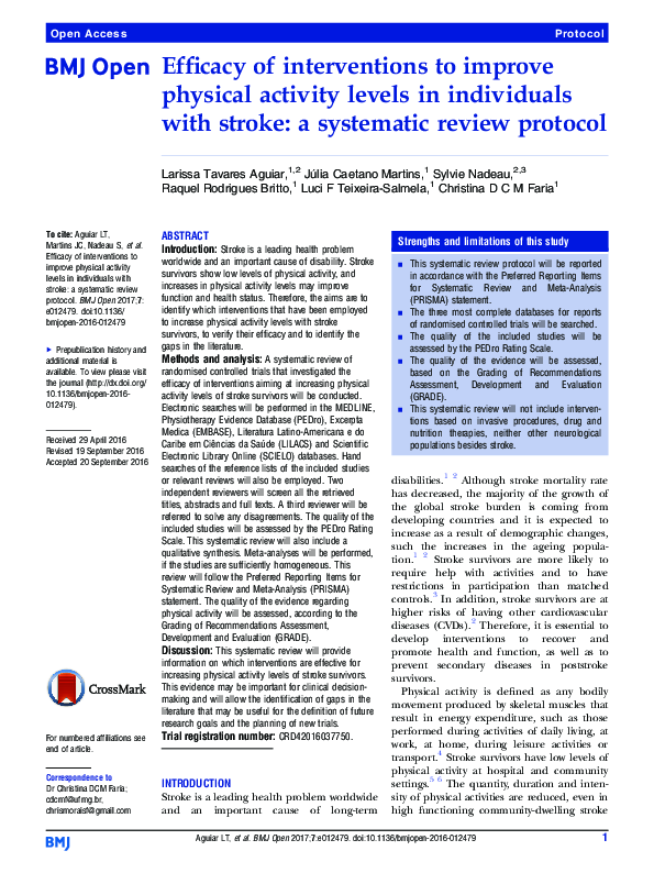 (PDF) Efficacy of interventions to improve physical activity levels in individuals with stroke ...