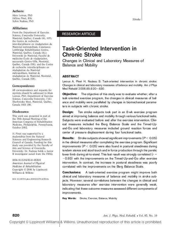 (PDF) Task-Oriented Intervention in Chronic Stroke