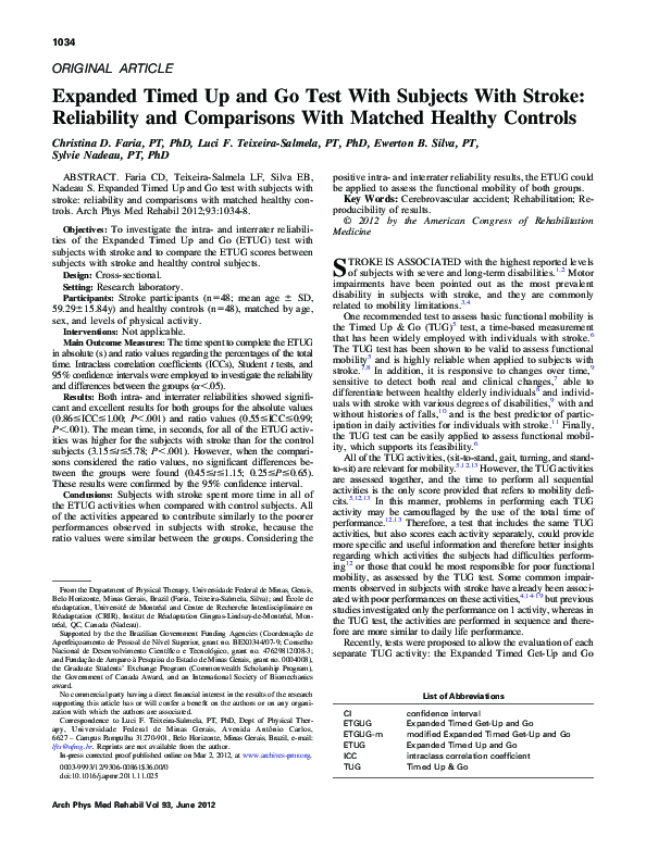 (PDF) Expanded Timed Up and Go Test With Subjects With Stroke ...