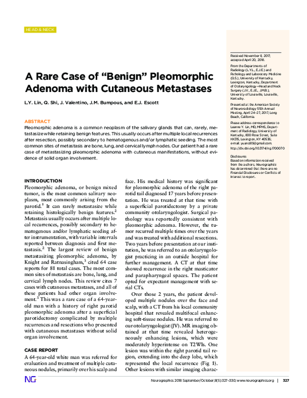 (PDF) A Rare Case of “Benign” Pleomorphic Adenoma with Cutaneous Metastases