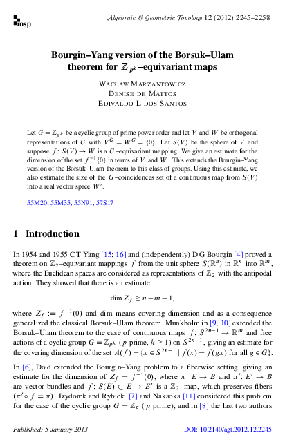 (PDF) Bourgin–Yang version of the Borsuk–Ulam theorem for ℤpk–equivariant maps