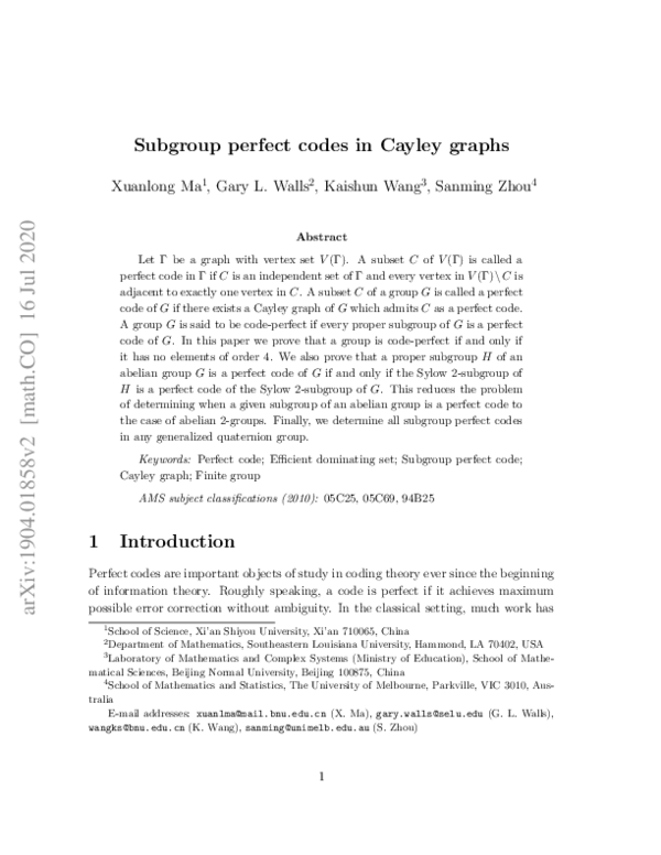 (PDF) Subgroup perfect codes in Cayley graphs